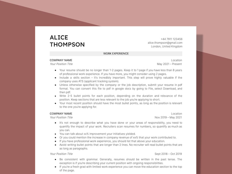 Minimalist Simple Single Column Format Resume Template for Word, Google ...