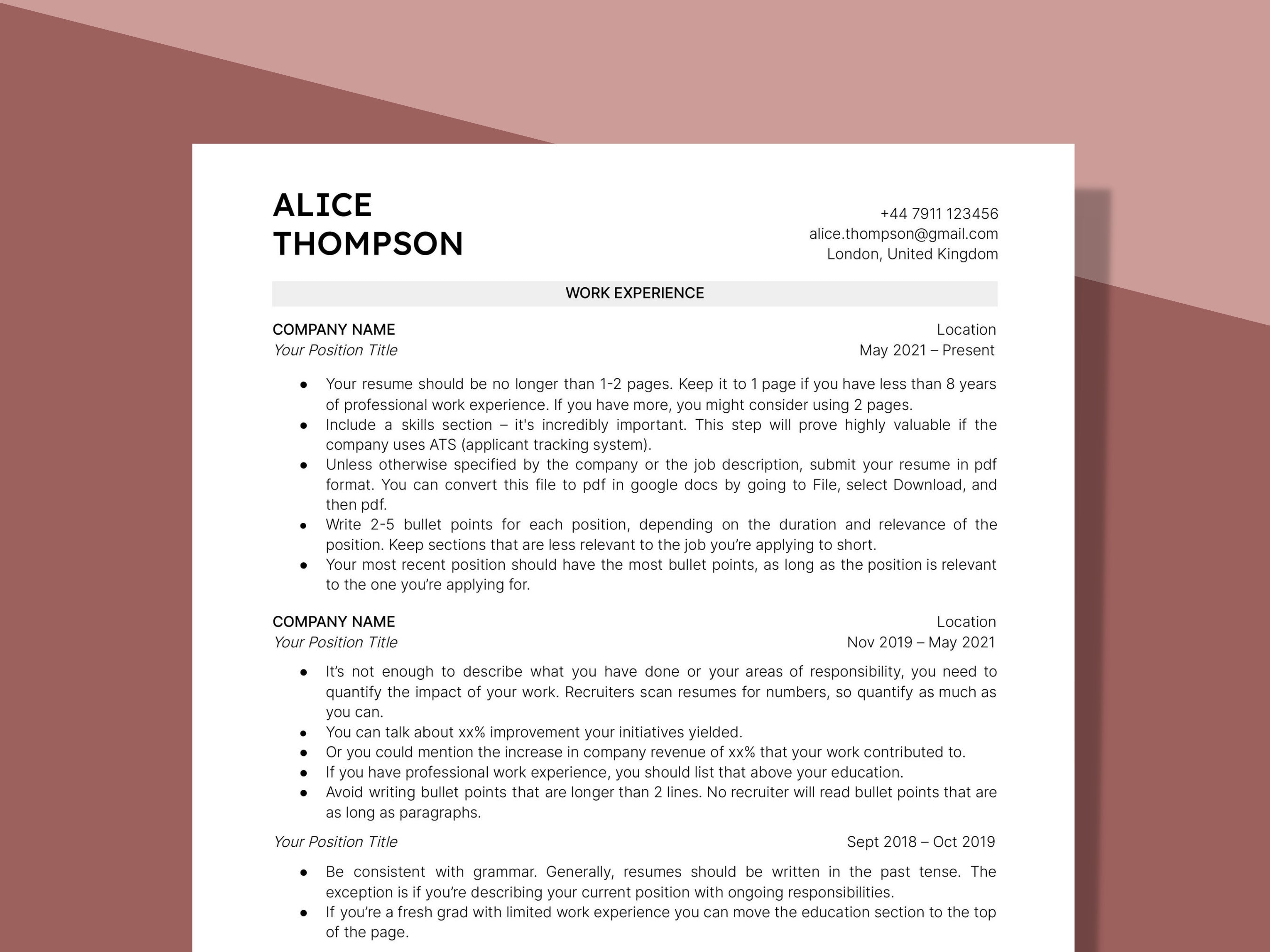 Minimalist Simple Single Column Format Resume Template for Word, Google ...