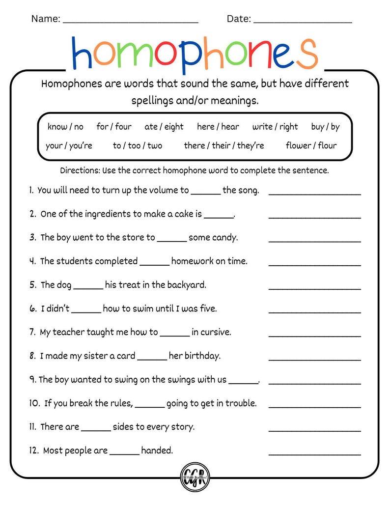 Homophones Worksheet - Etsy