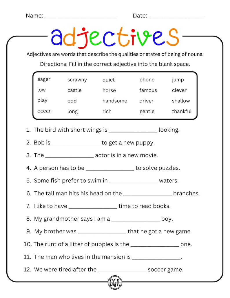 Adjective Worksheet - Etsy