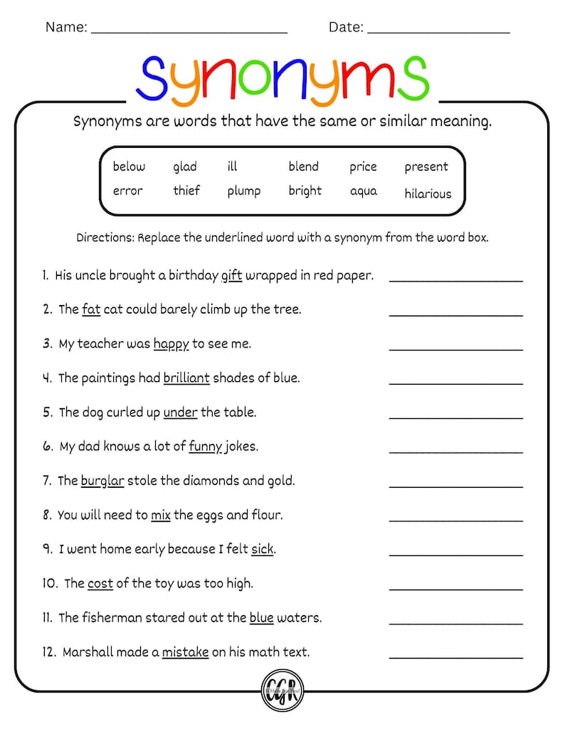 Synonyms Worksheet - Etsy