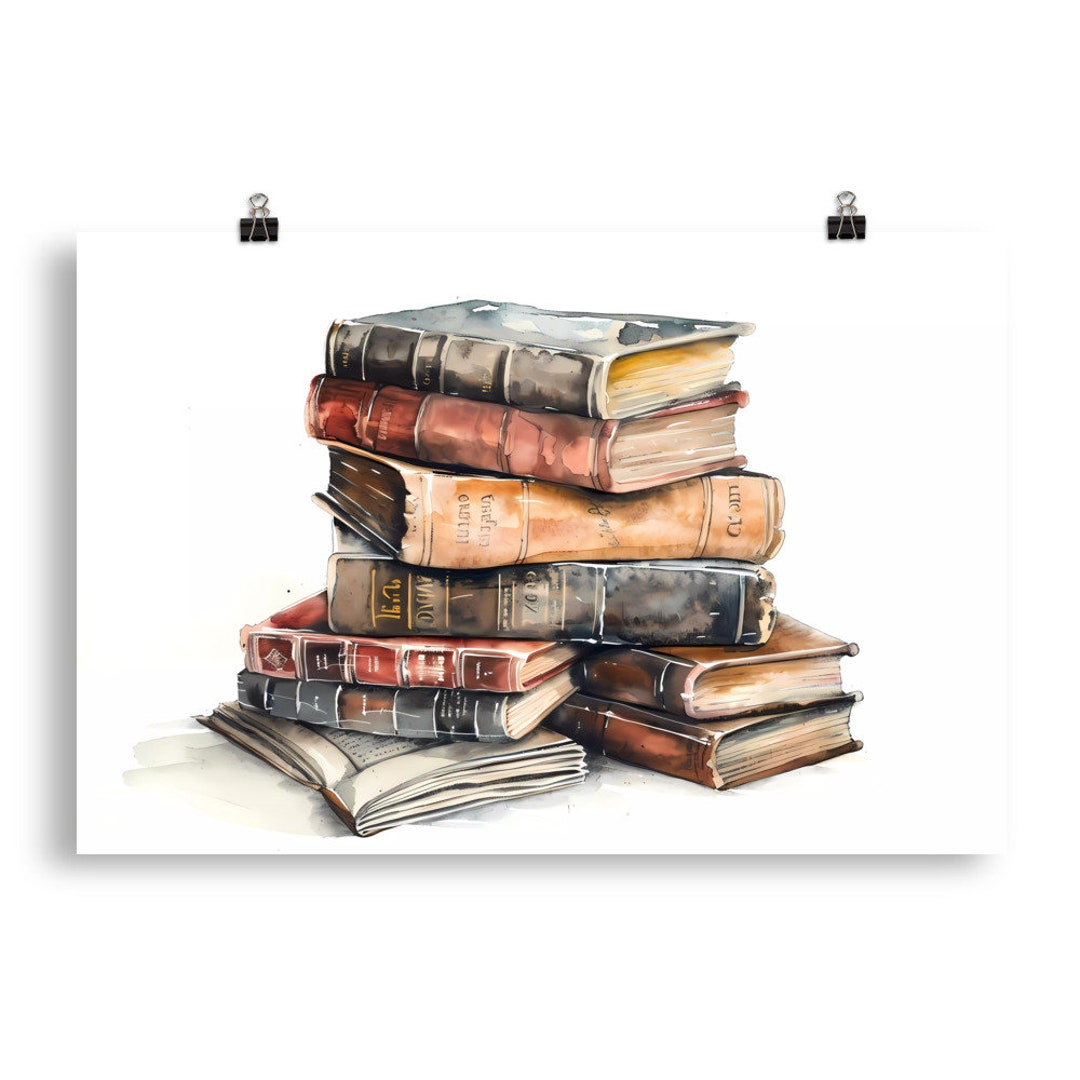 Stack of Books Painting Poster Reading Library Wall Art Home Decor ...