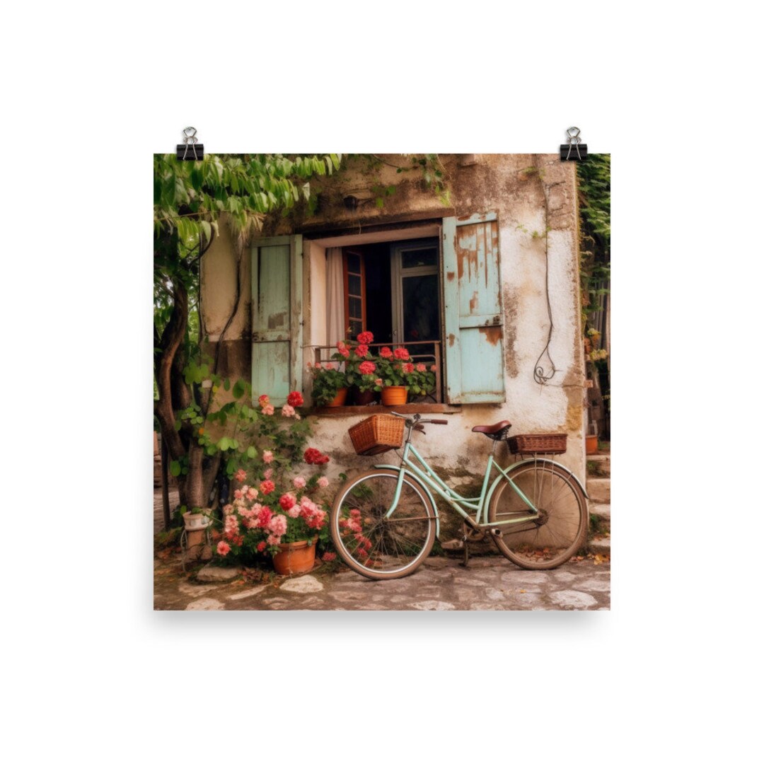 Shabby Chic Poster With a Bike and Old House Wall Art Rustic Home Decor ...