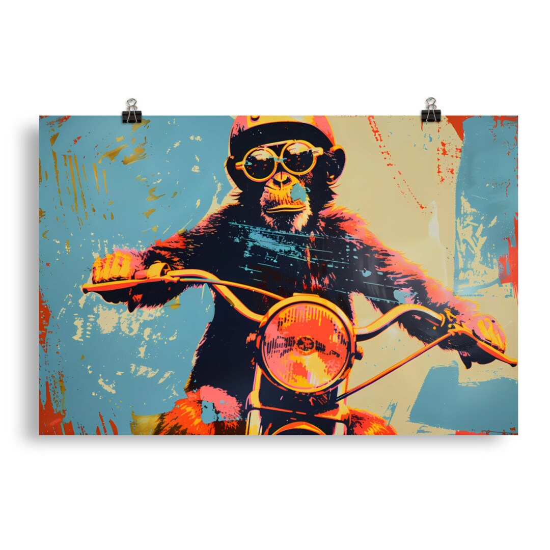 Abstract Retro Monkey on a Motorcycle Poster Print Maximalist Design ...