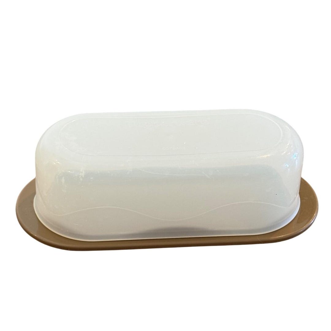 Vintage Tupperware Butter Keeper Tray Storage 7" Brown Base White Lid ...