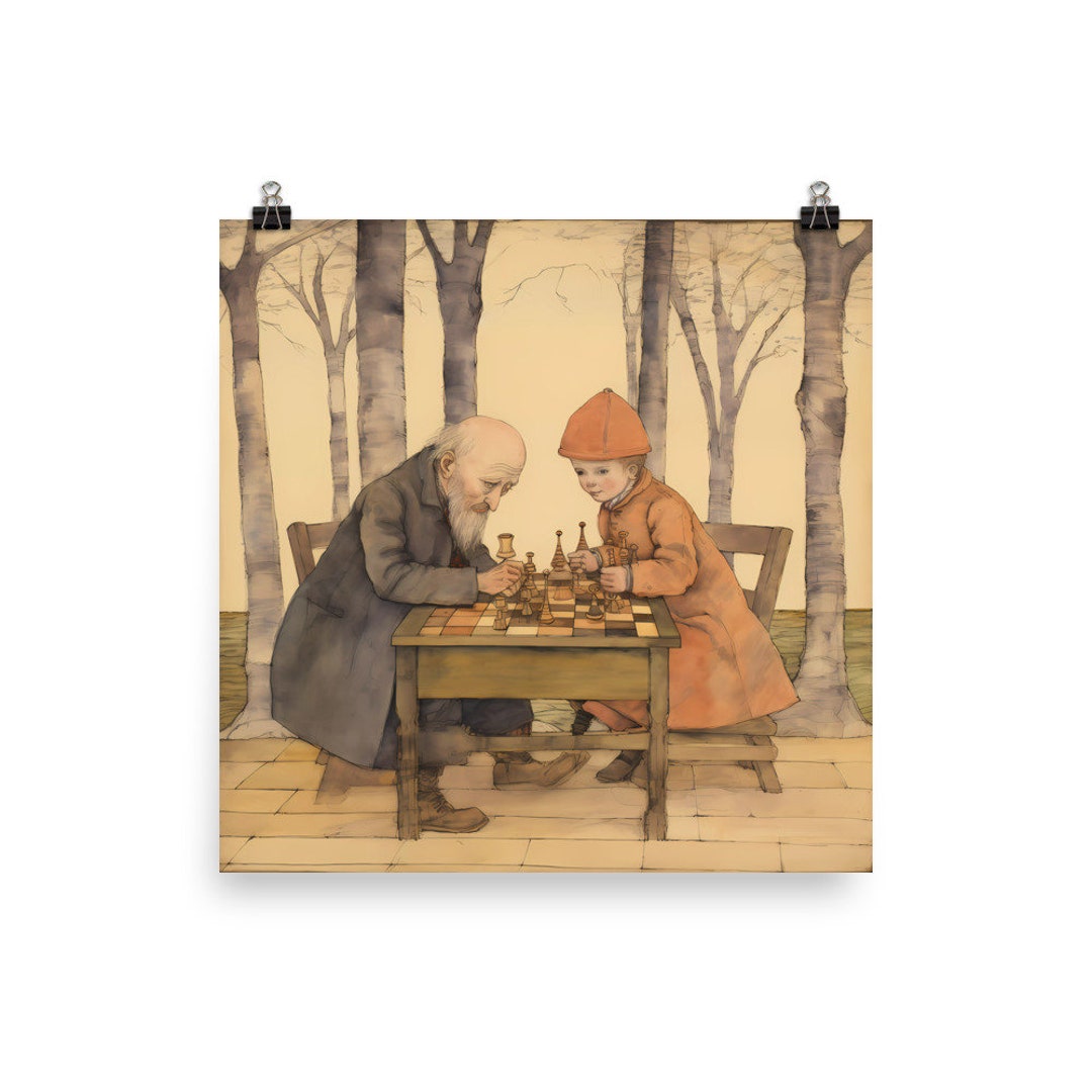 Old Man and Boy Playing Chess in the Park Poster Wall Art Living Room ...