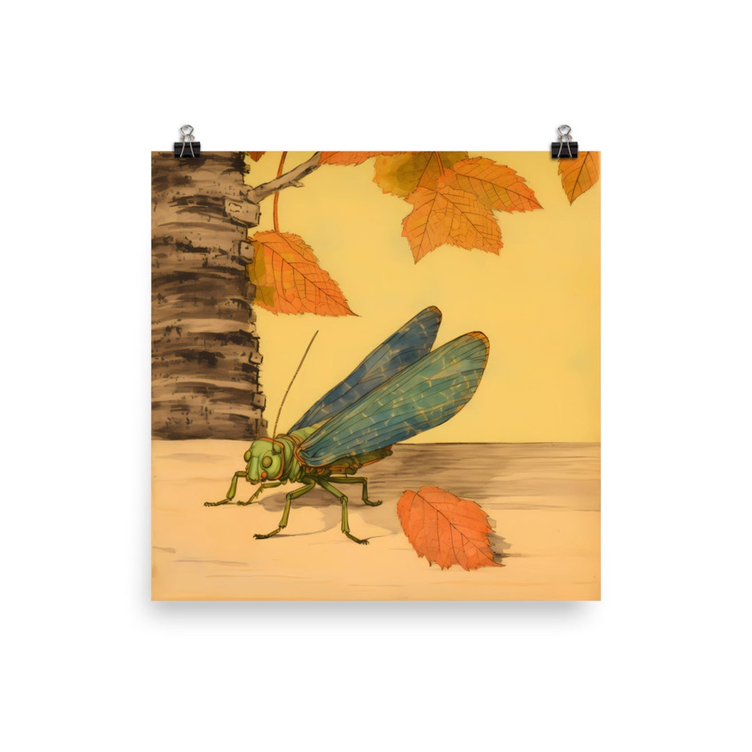 Grasshopper Painting Poster Whimsical Wall Art Nature Home Decor Earthy ...