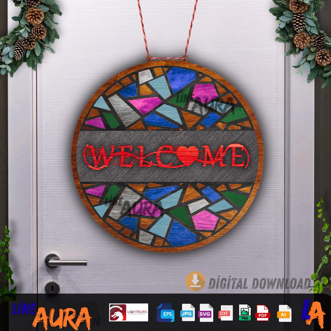 Stained Glass Welcome Sign SVG: Customizable Round Door Hanger (digital ...