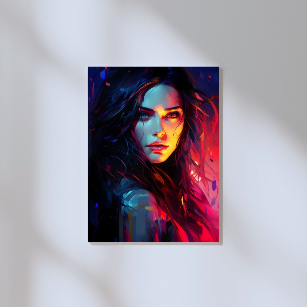 Portrait Synthwave Woman, Abstract Neon Art Poster, Colorful Painting ...