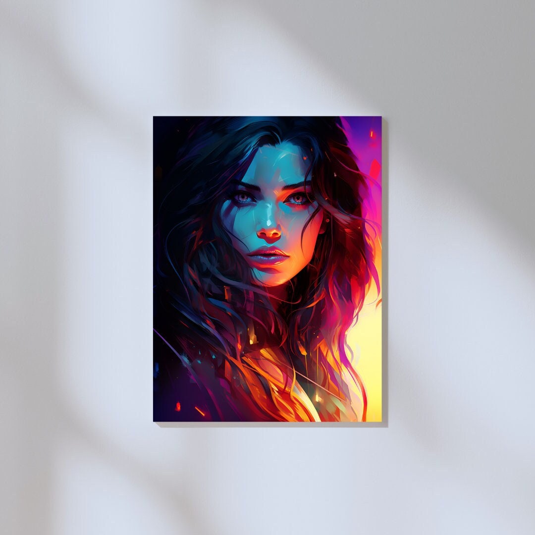 Portrait Synthwave Woman, Abstract Neon Art Poster, Colorful Painting ...