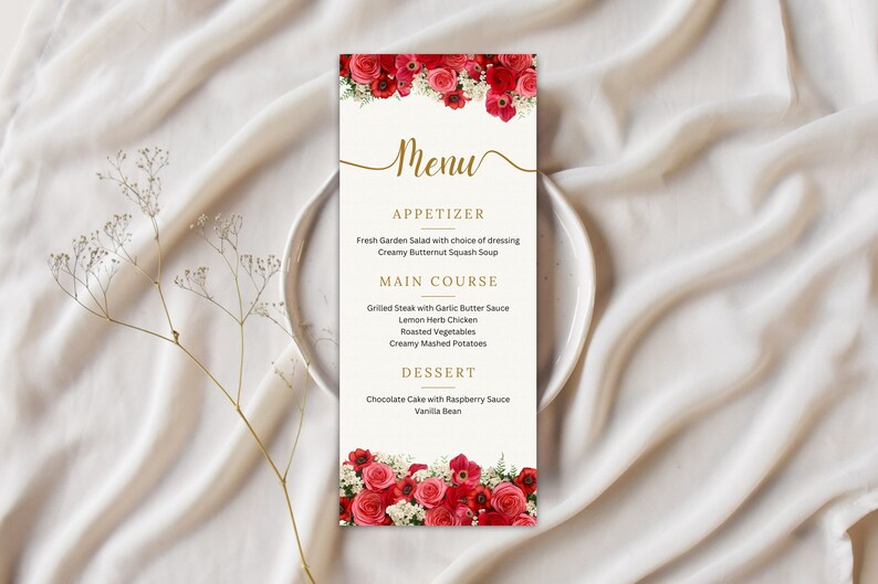 Red Roses Menu Card Printable Wedding Menu Cards, Bridal Shower Brunch ...