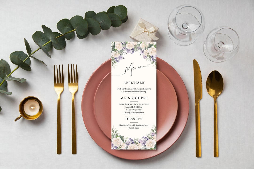 White Roses Menu Card Printable Wedding Menu Cards, Bridal Shower ...