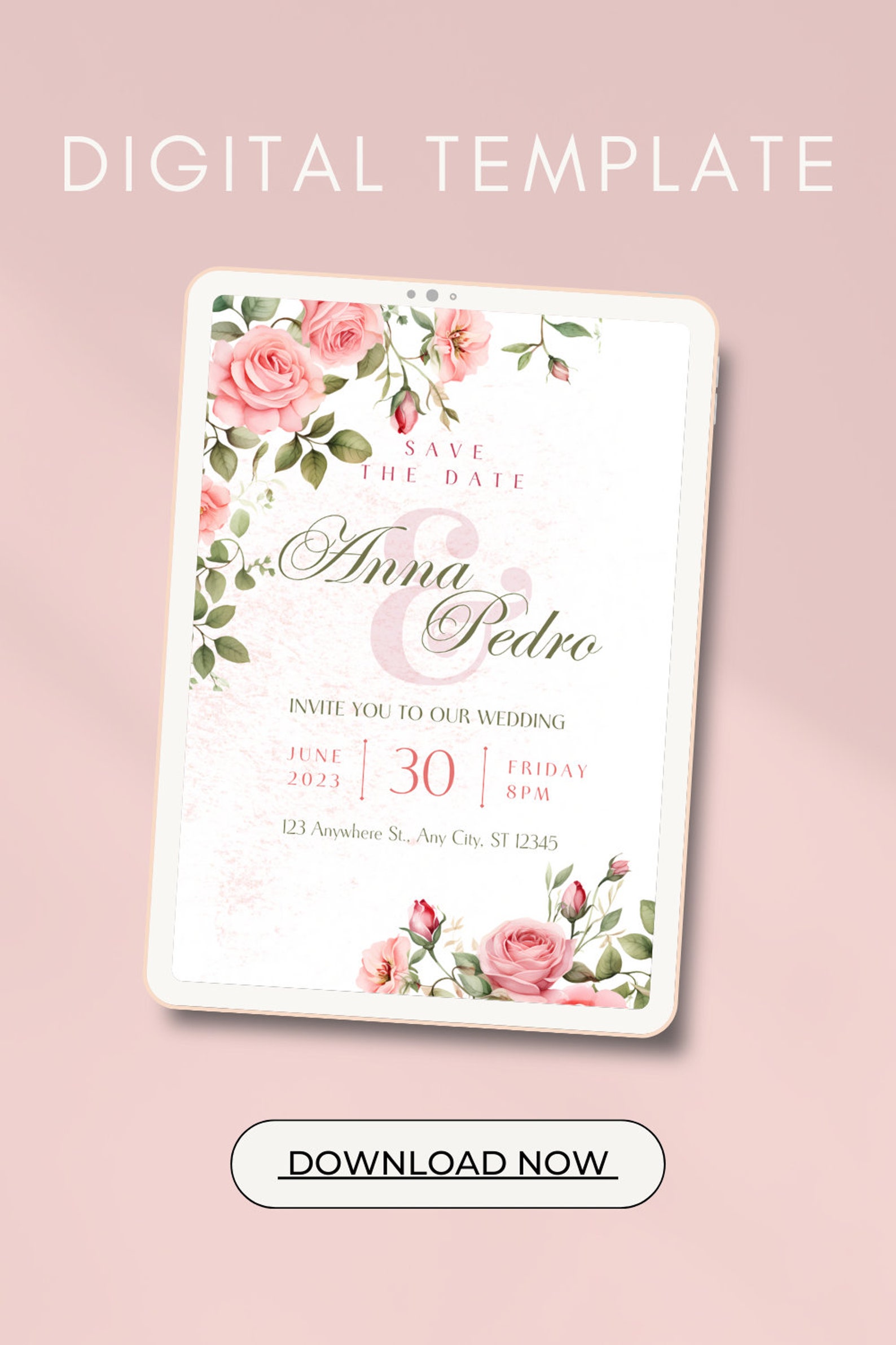 Pink Flower Wedding Invitation Template Pink Roses Wedding Invitation ...