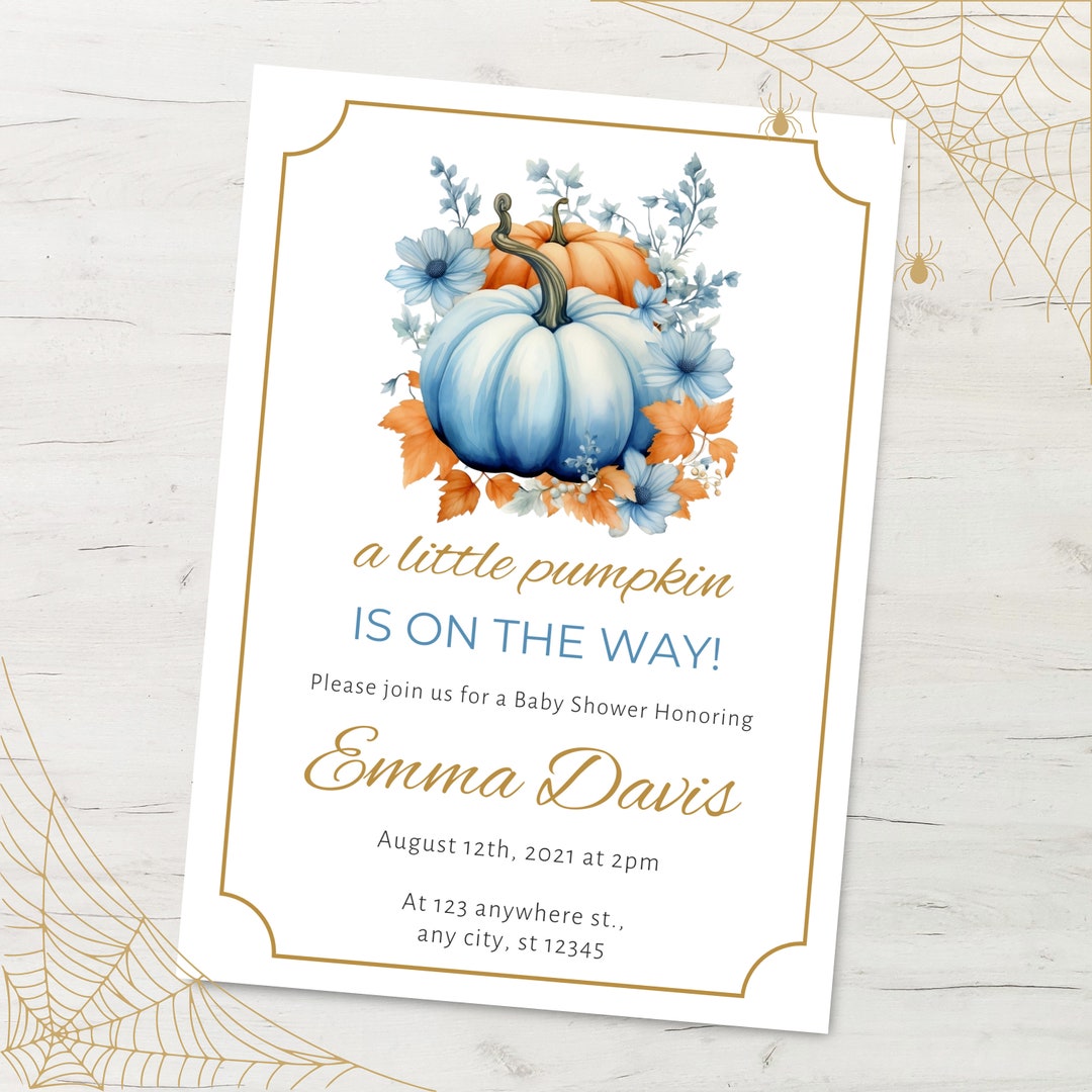 Editable Boy Blue Pumpkin Baby Shower Invitation Floral Pumpkin Baby ...