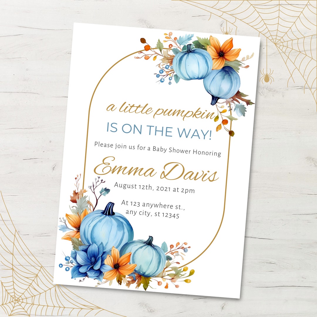Editable Boy Blue Pumpkin Baby Shower Invitation Floral Pumpkin Baby ...