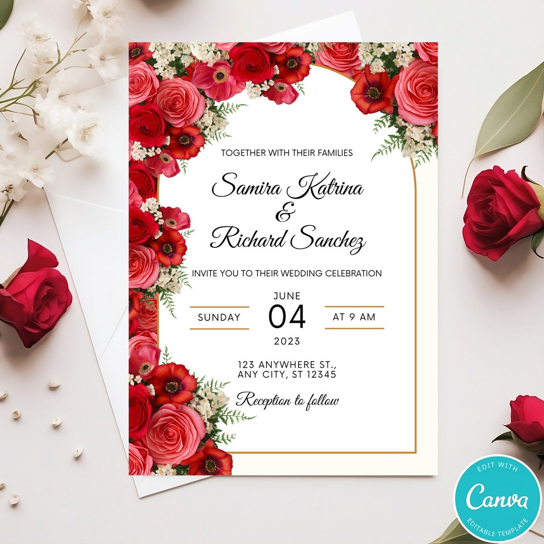 Rose Gold Flower Wedding Invitation Template Red Roses Wedding ...