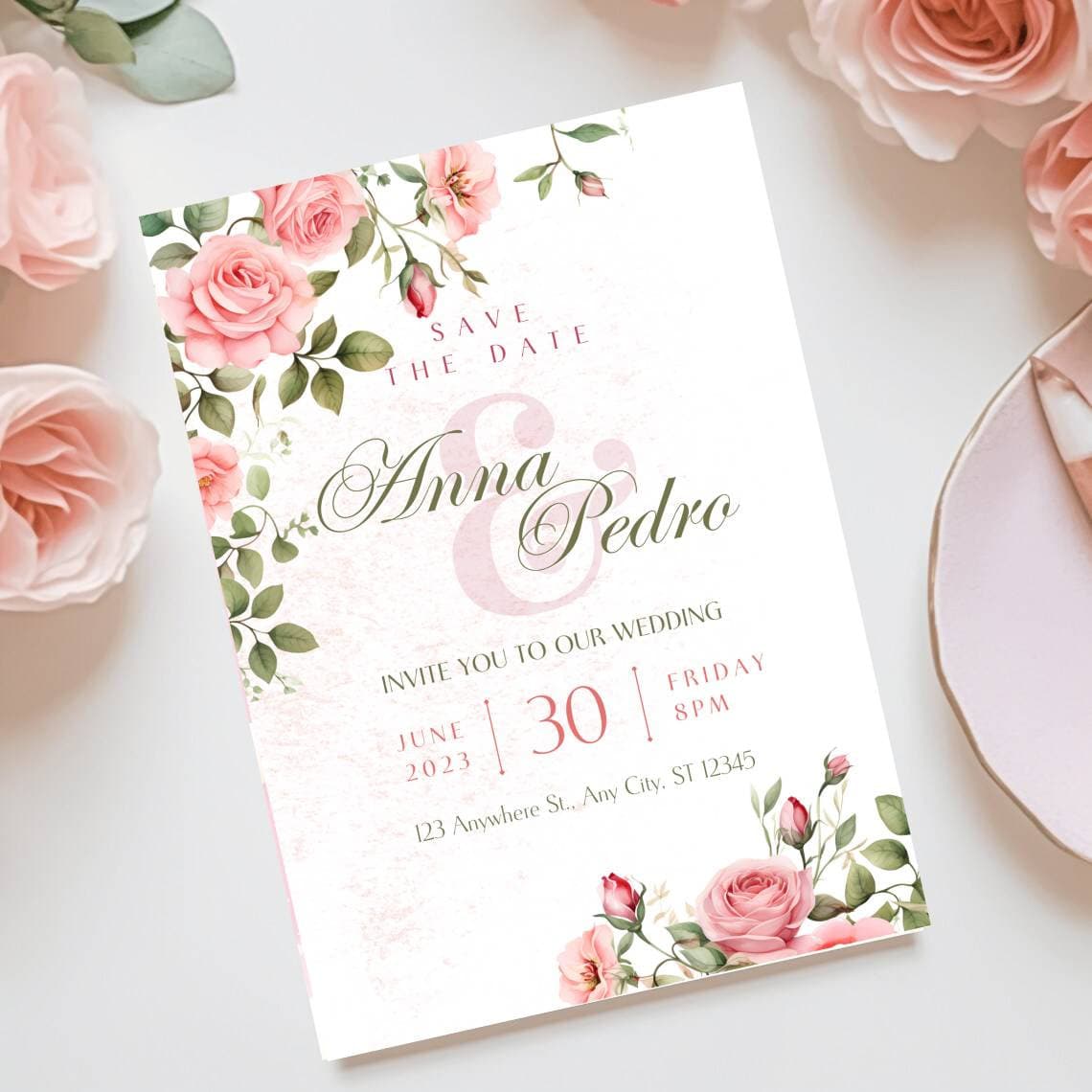 Pink Flower Wedding Invitation Template Pink Roses Wedding Invitation ...