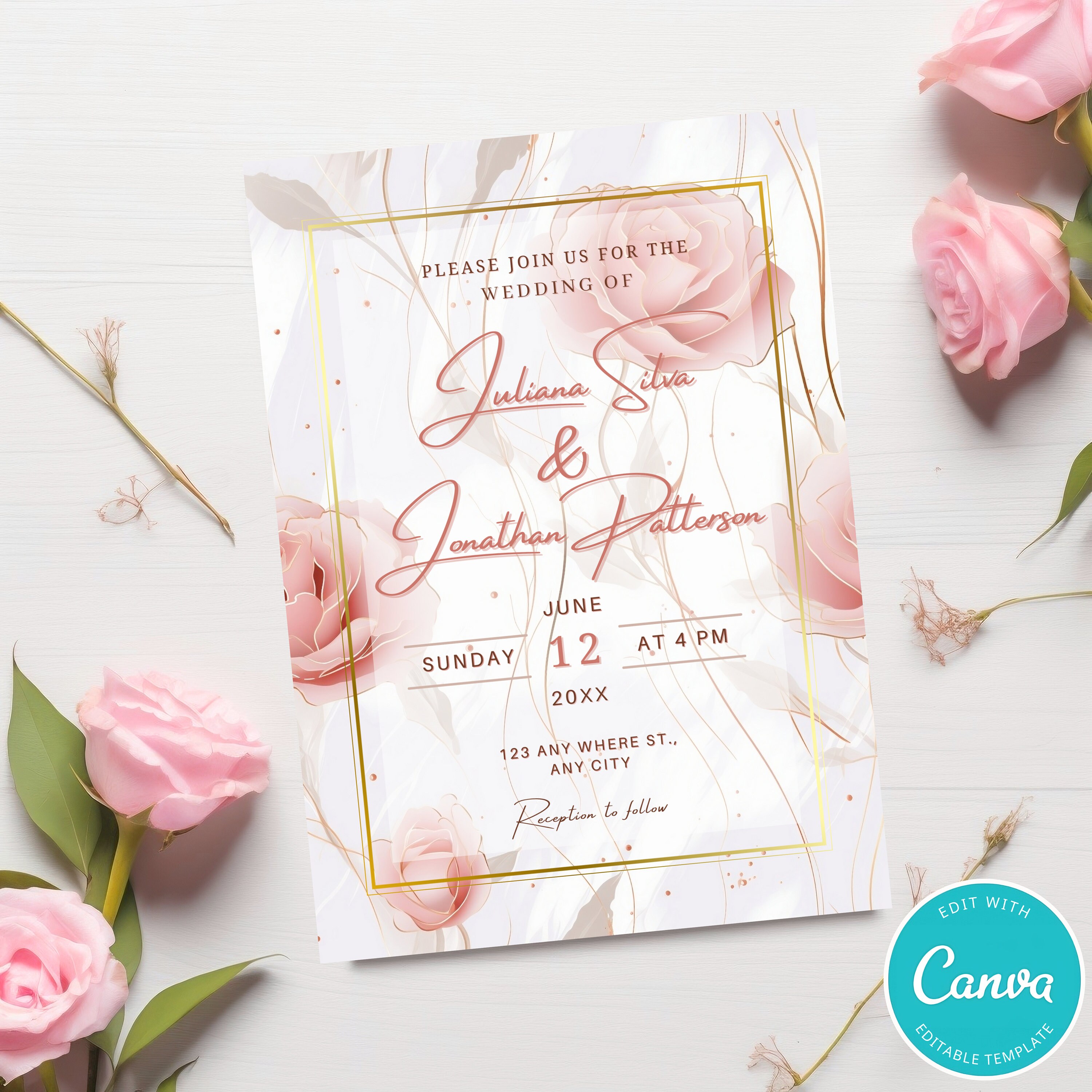 Rose Gold Flower Wedding Invitation Template Pink Roses Wedding ...
