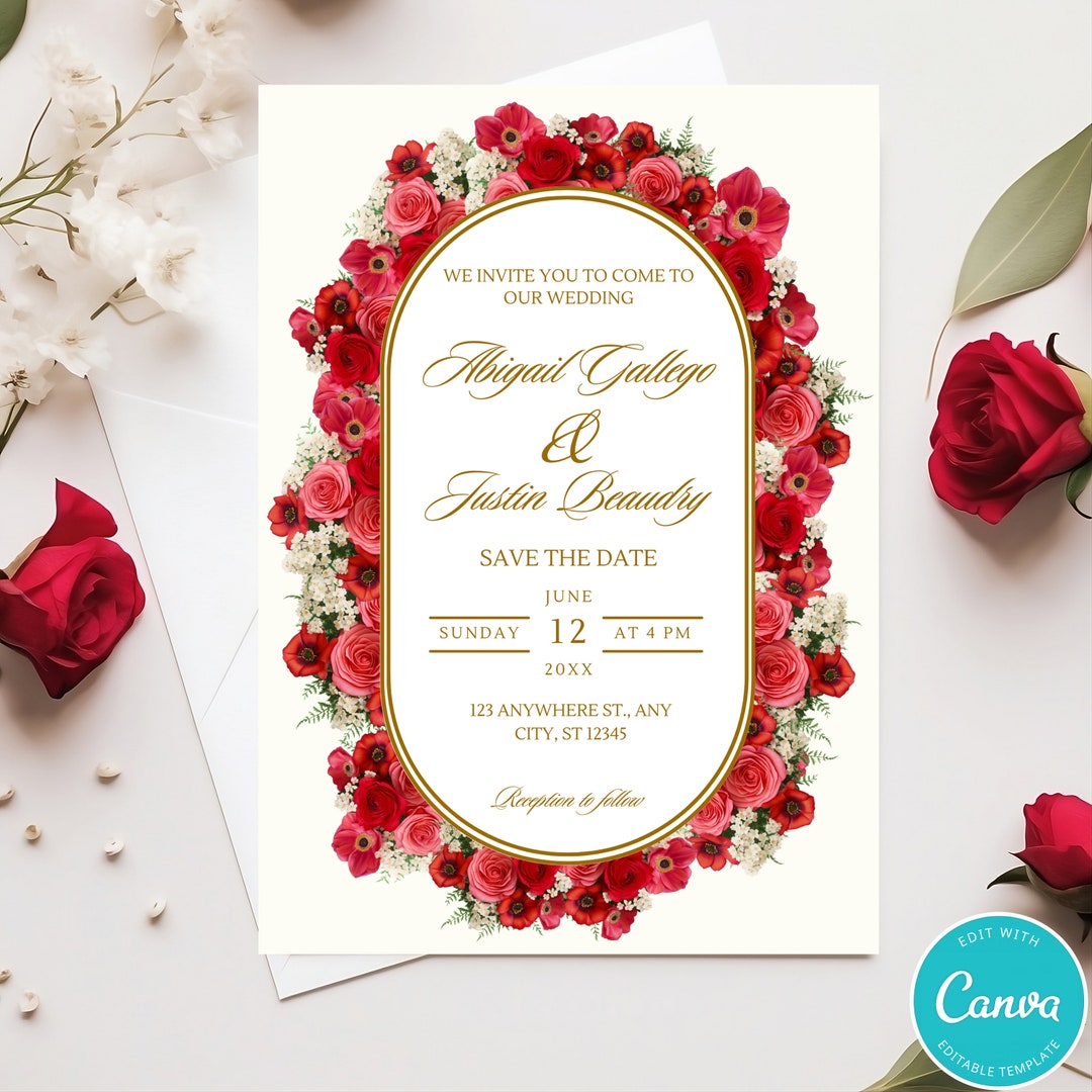 Rose Gold Flower Wedding Invitation Template Red Roses Wedding ...