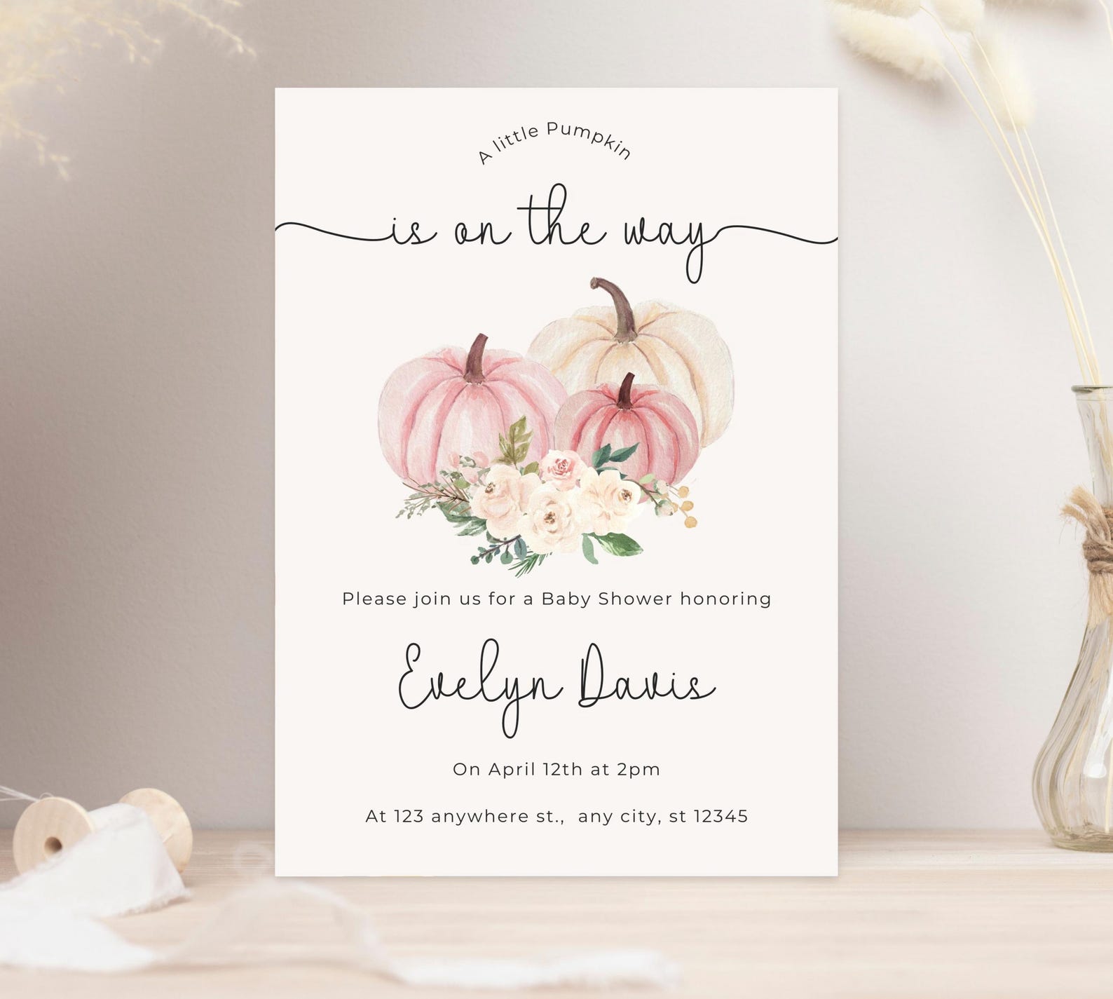 Editable Gril Pink Pumpkin Baby Shower Invitation Floral Pumpkin Baby ...