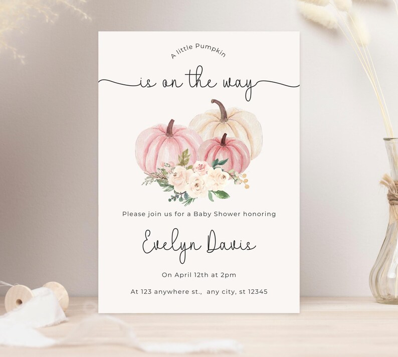 Editable Gril Pink Pumpkin Baby Shower Invitation Floral Pumpkin Baby ...