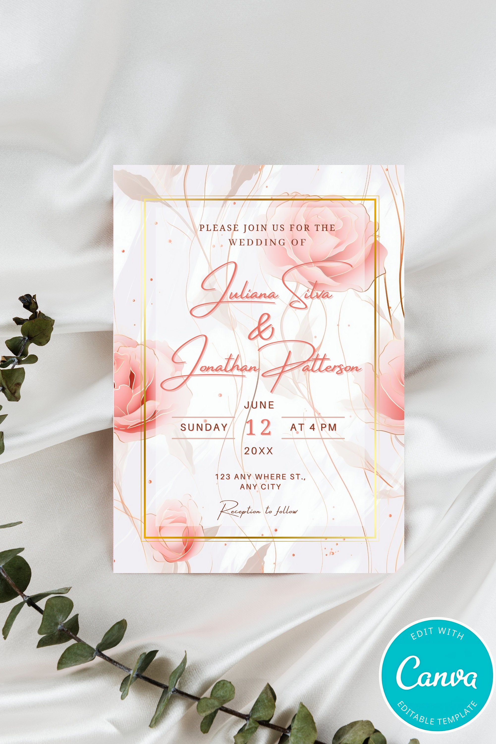 Rose Gold Flower Wedding Invitation Template Pink Roses Wedding ...