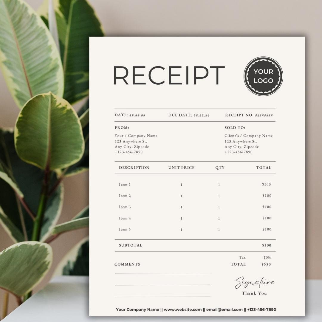 Editable Receipt Template Canva, Printable Small Business Receipt ...