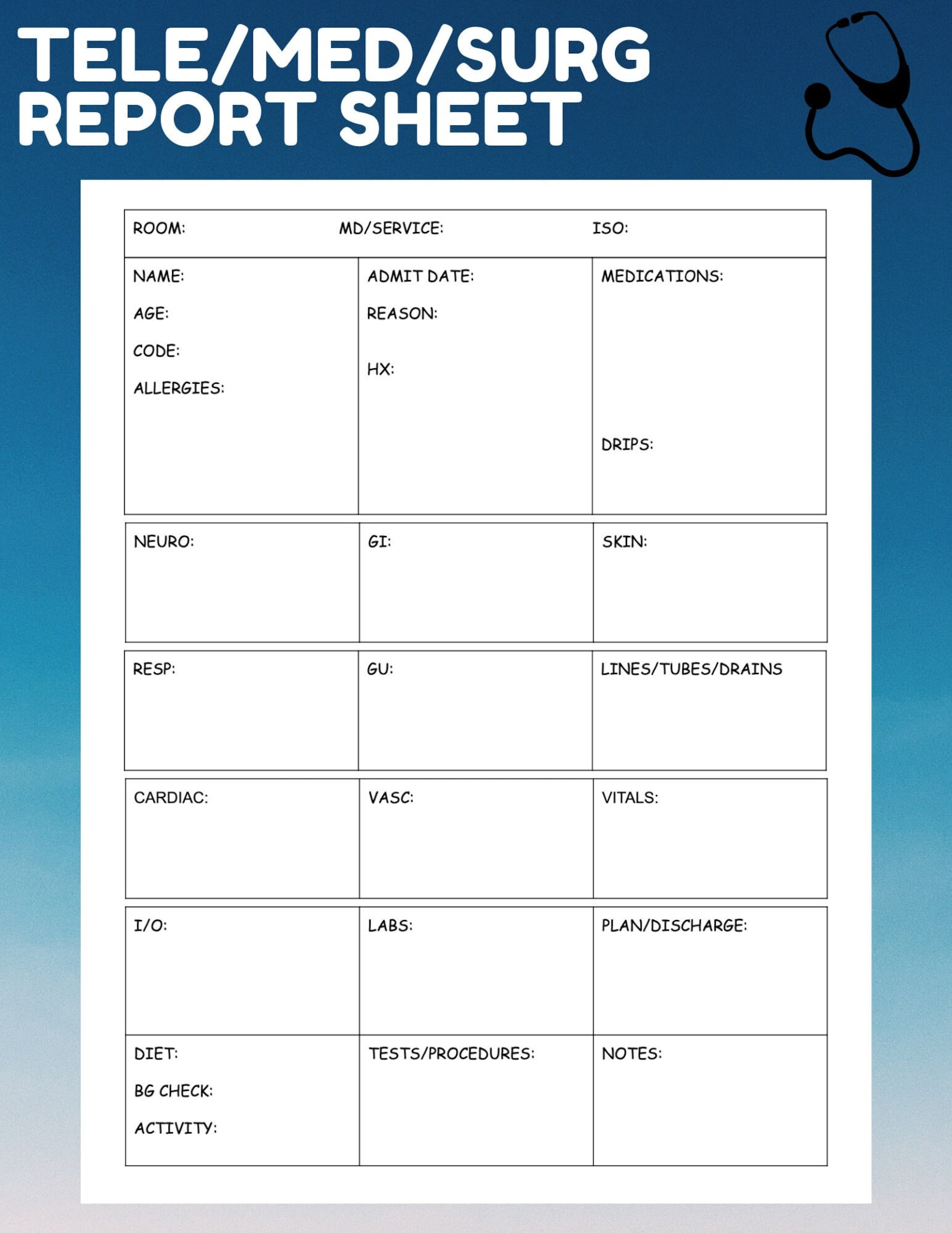 Tele/medical/surgical Nursing Report Sheet - Etsy