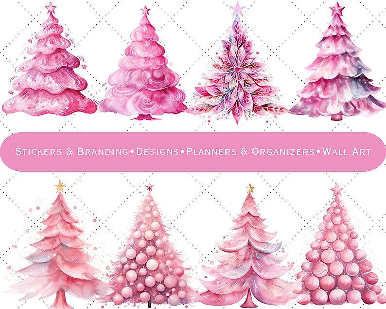 Watercolor Pink Christmas Tree Clipart Bundle, Holiday Design ...