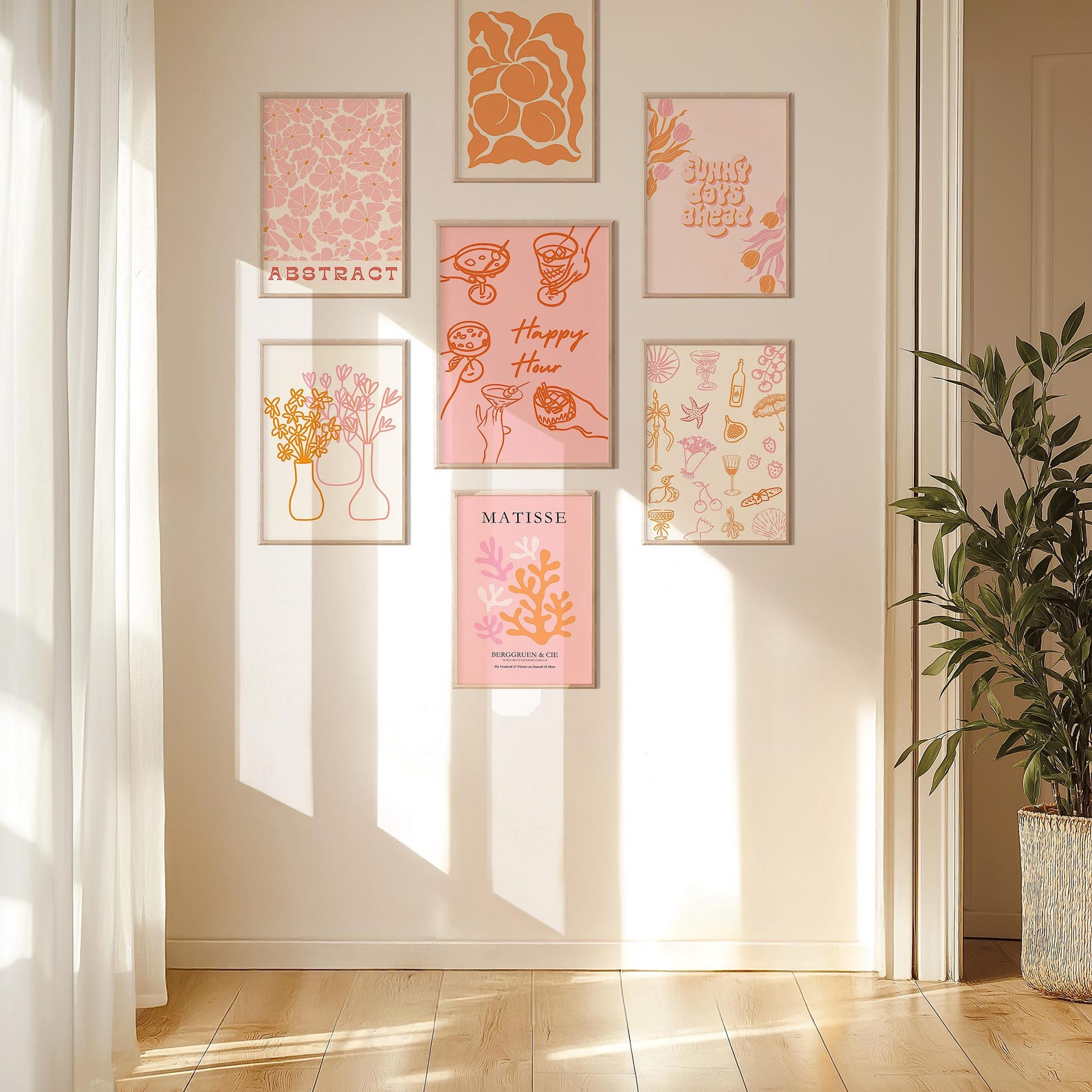 Pink and Orange Set of 12 Modern Printable Wall Art, Boho Gallery Wall ...