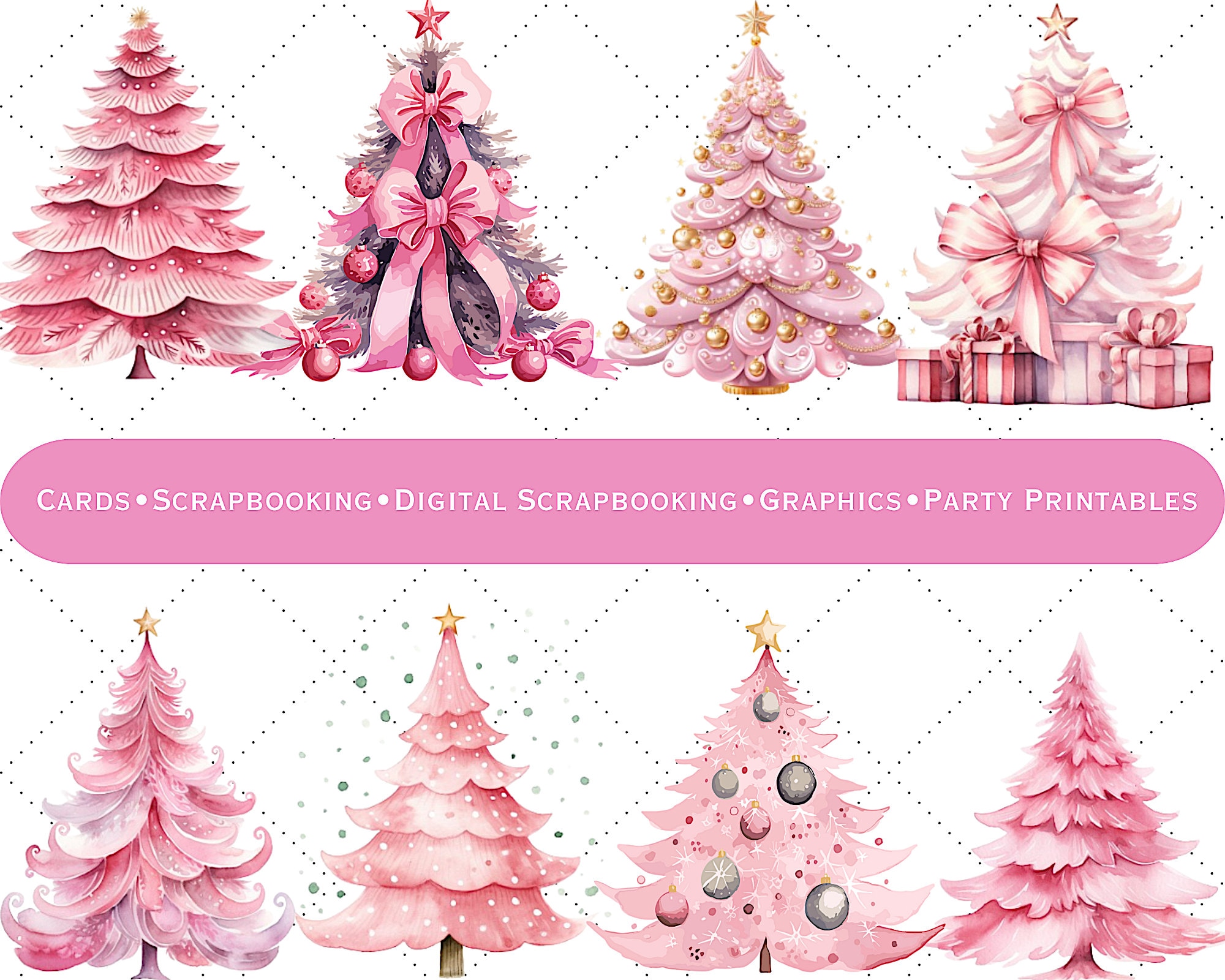 Watercolor Pink Christmas Tree Clipart Bundle, Holiday Design ...