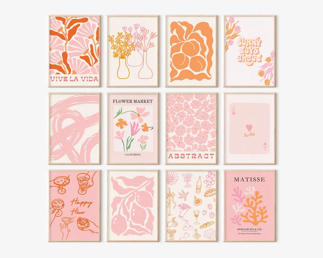 Pink and Orange Set of 12 Modern Printable Wall Art, Boho Gallery Wall ...