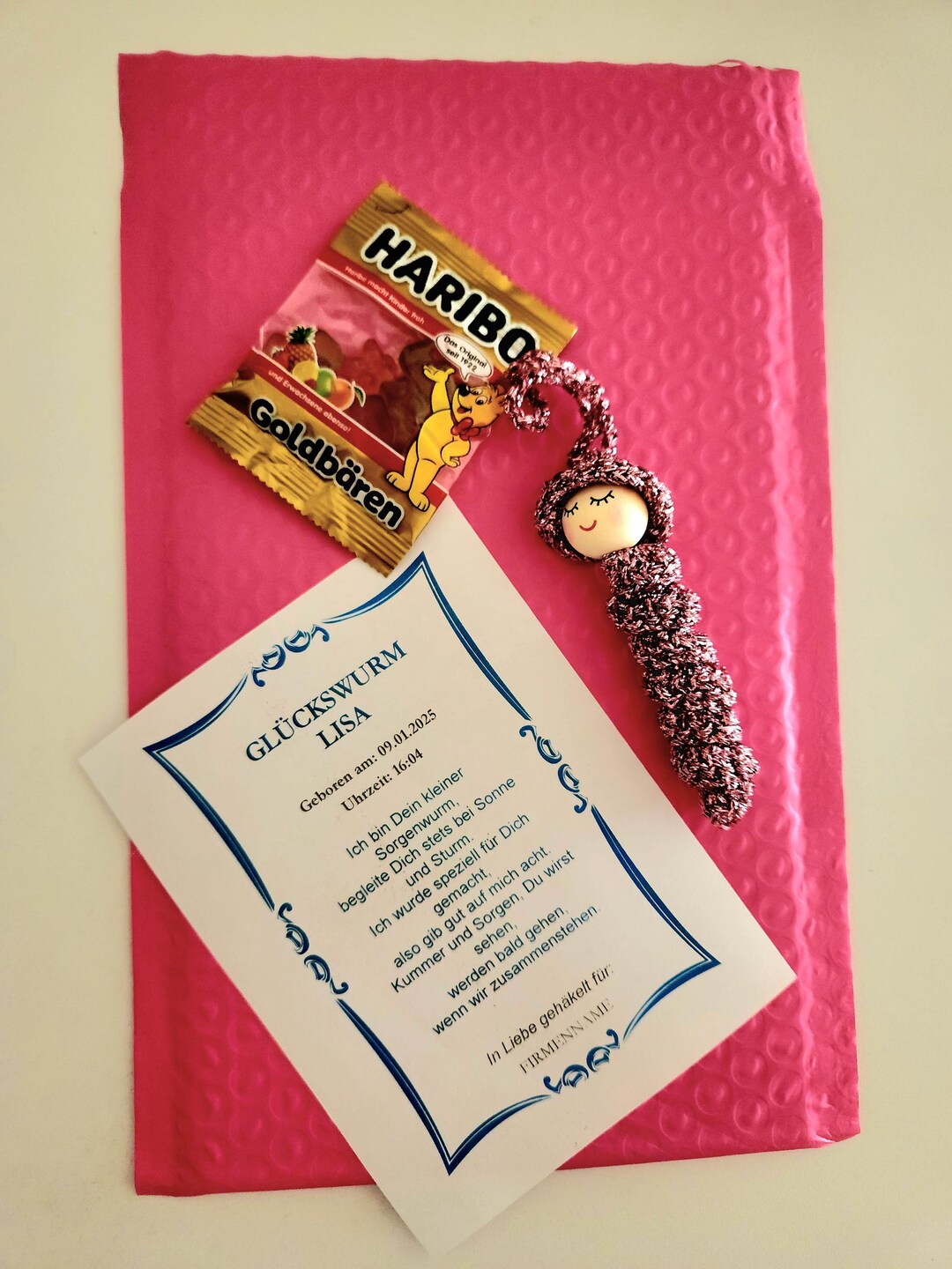 Worry Worm Lisa, Purple Metallic Crocheted, Lucky Worm, Guardian Angel ...