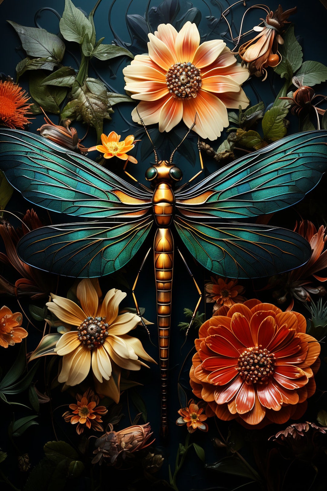Surrealistic Dragonfly Art Exquisite Floral Surroundings Dark Cyan and ...