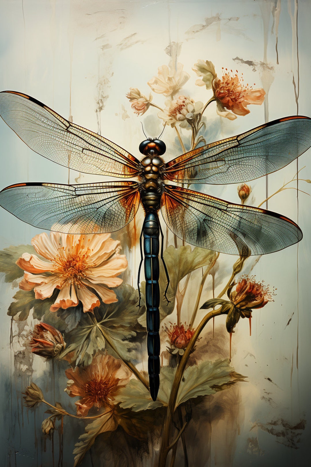 Dragonfly Above Flowers Realistic Still Life Art Light Gold & Dark Cyan ...