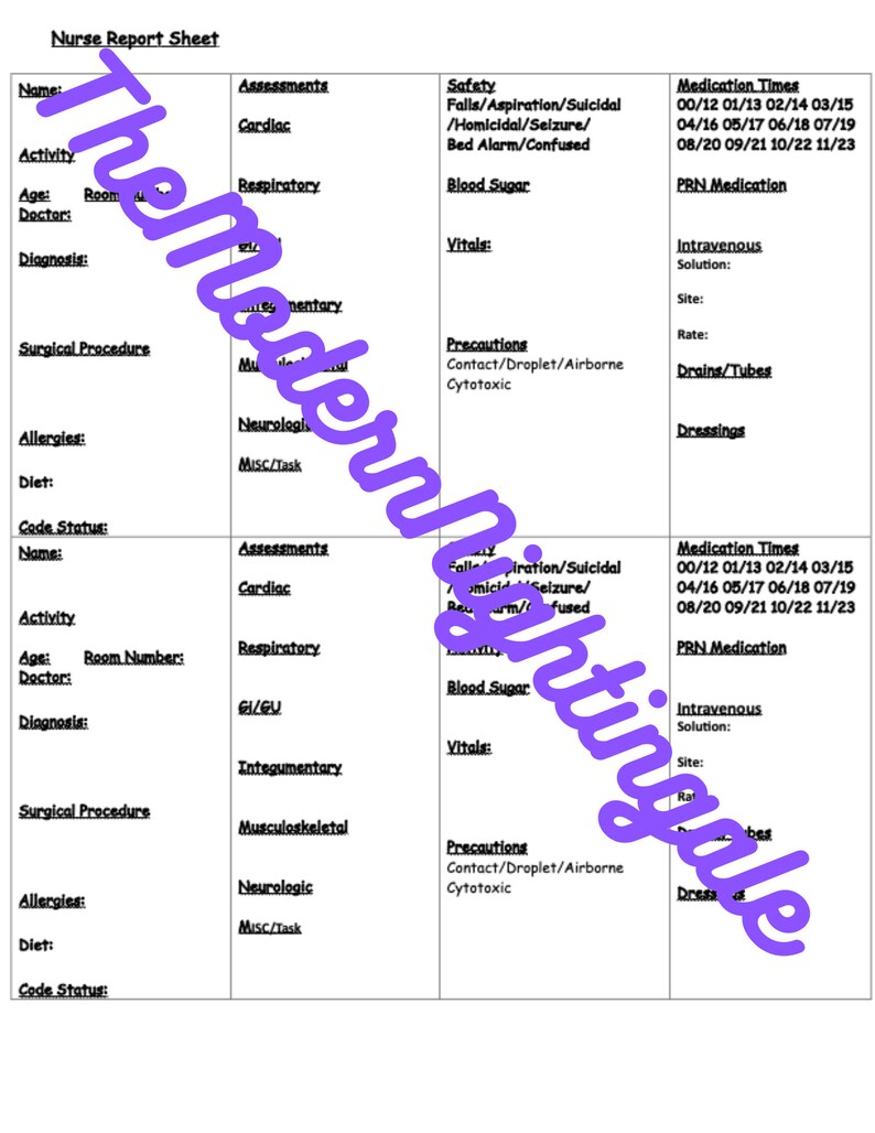 Nursing Clinical Report Sheet Med-surge Two Patient Work Sheet - Etsy
