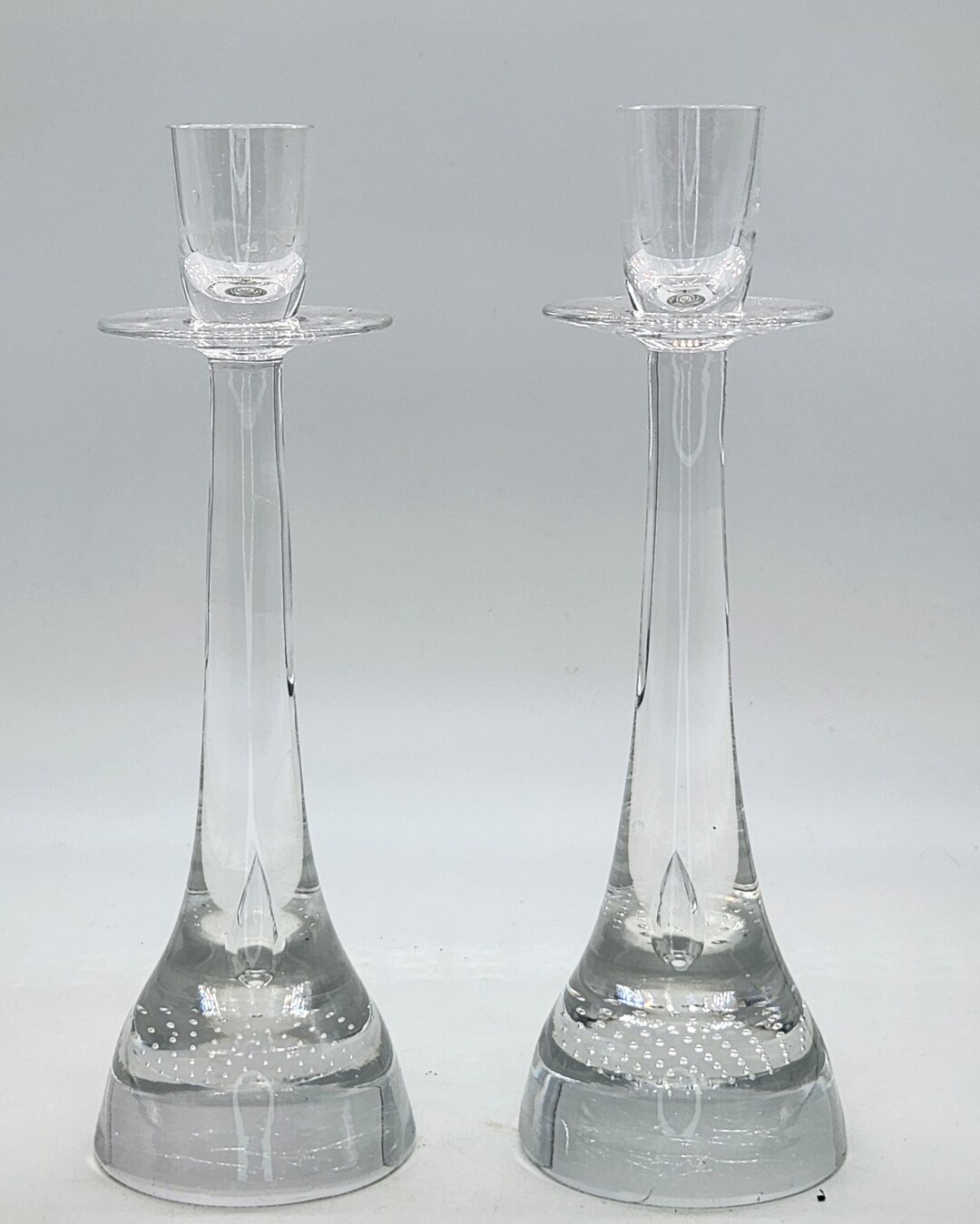 Vintage Pair of Clear, Handblown Controlled-bubble Glass Candlesticks ...