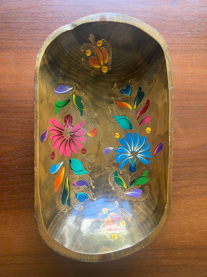 Vintage Mexican Folk Art Hand-painted Wooden Bowl With Flowers and Gold ...