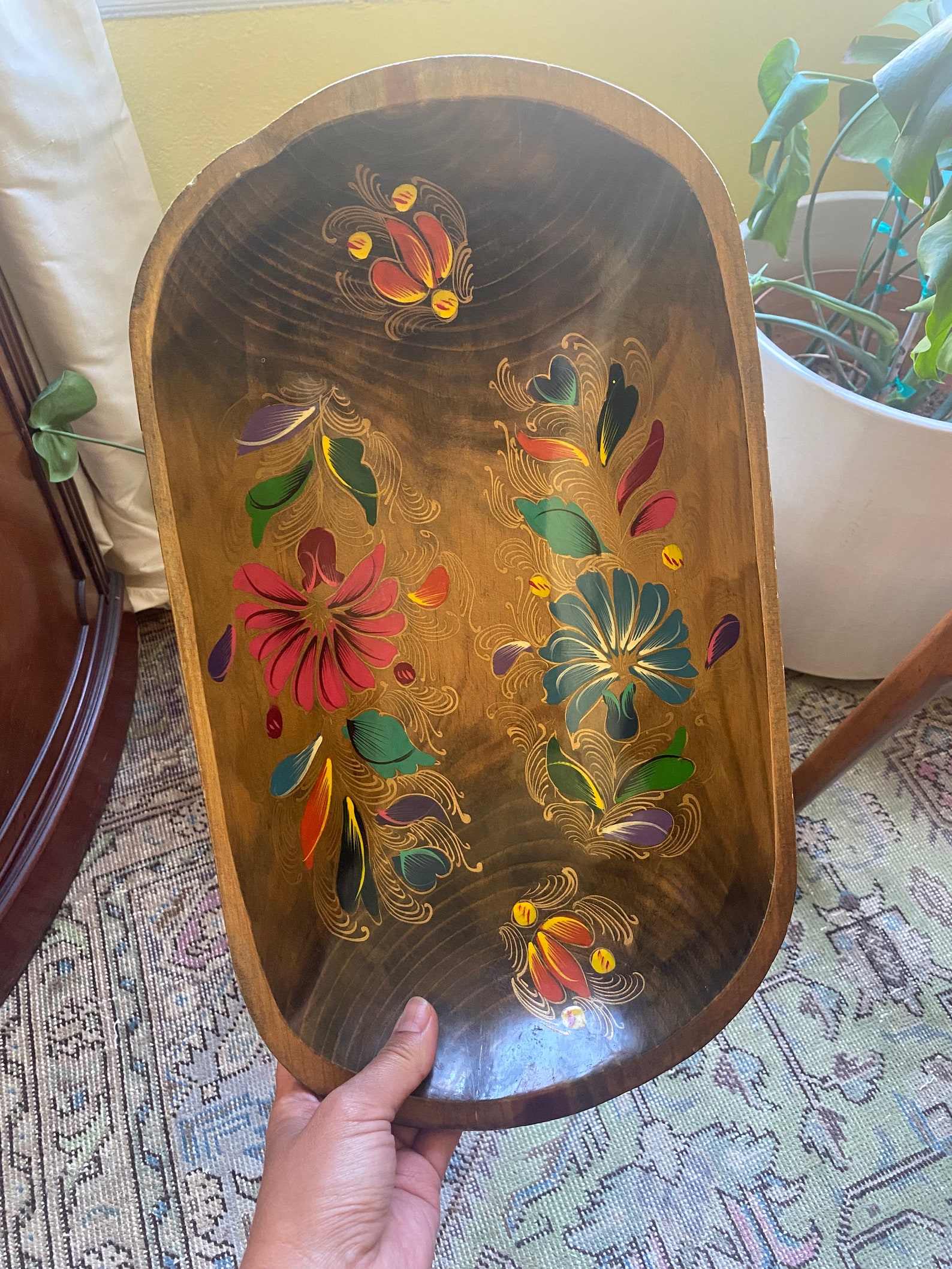 Vintage Mexican Folk Art Hand-painted Wooden Bowl With Flowers and Gold ...