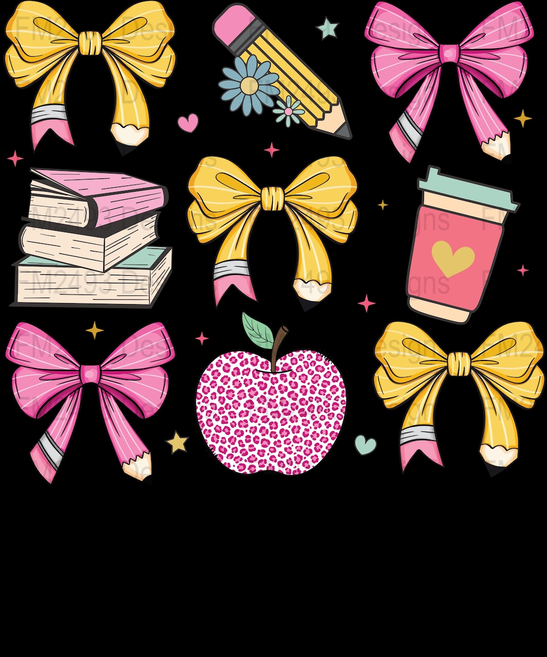 Back to School Clipart, Teacher Digital Stickers, Pencil Bow PNG, Apple ...