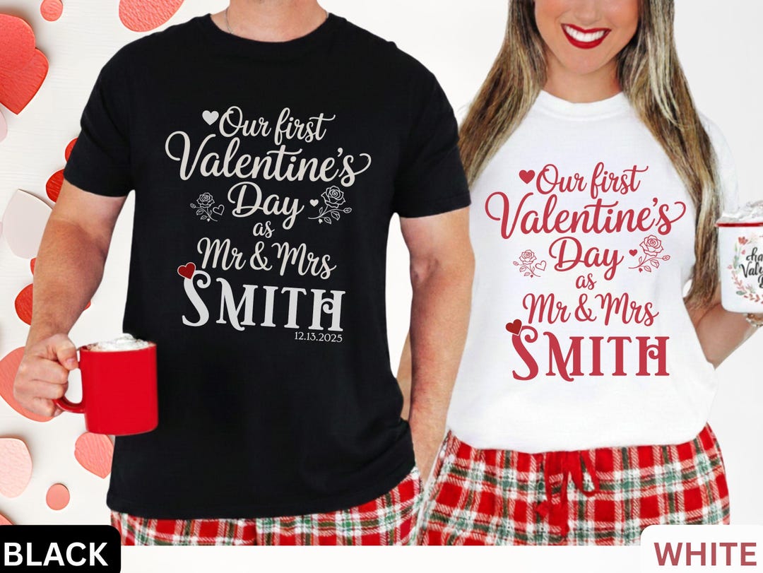 Couples First Valentine's Day as Mr & Mrs PJ Shirt Personalized ...