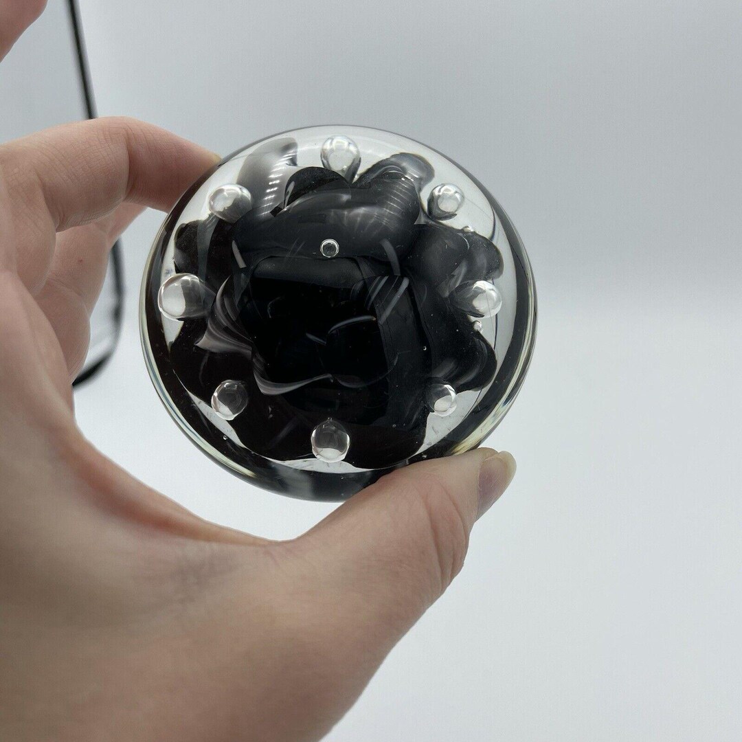 Monte Dunlavy Hand Blown Glass Round Flat Paperweight Black Flower ...