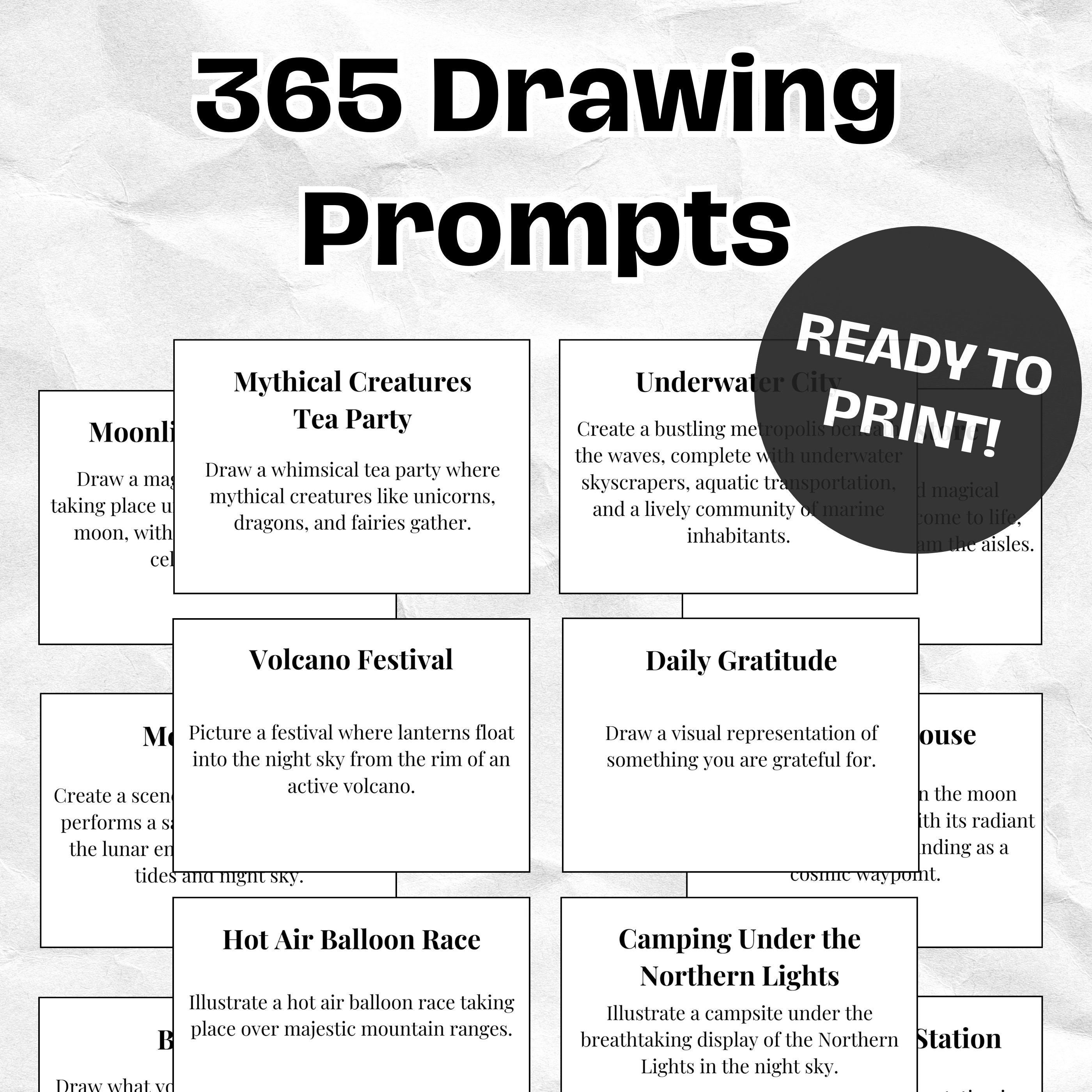 365 Creative Drawing Prompts, Digital Download, Ready to Print Cards ...