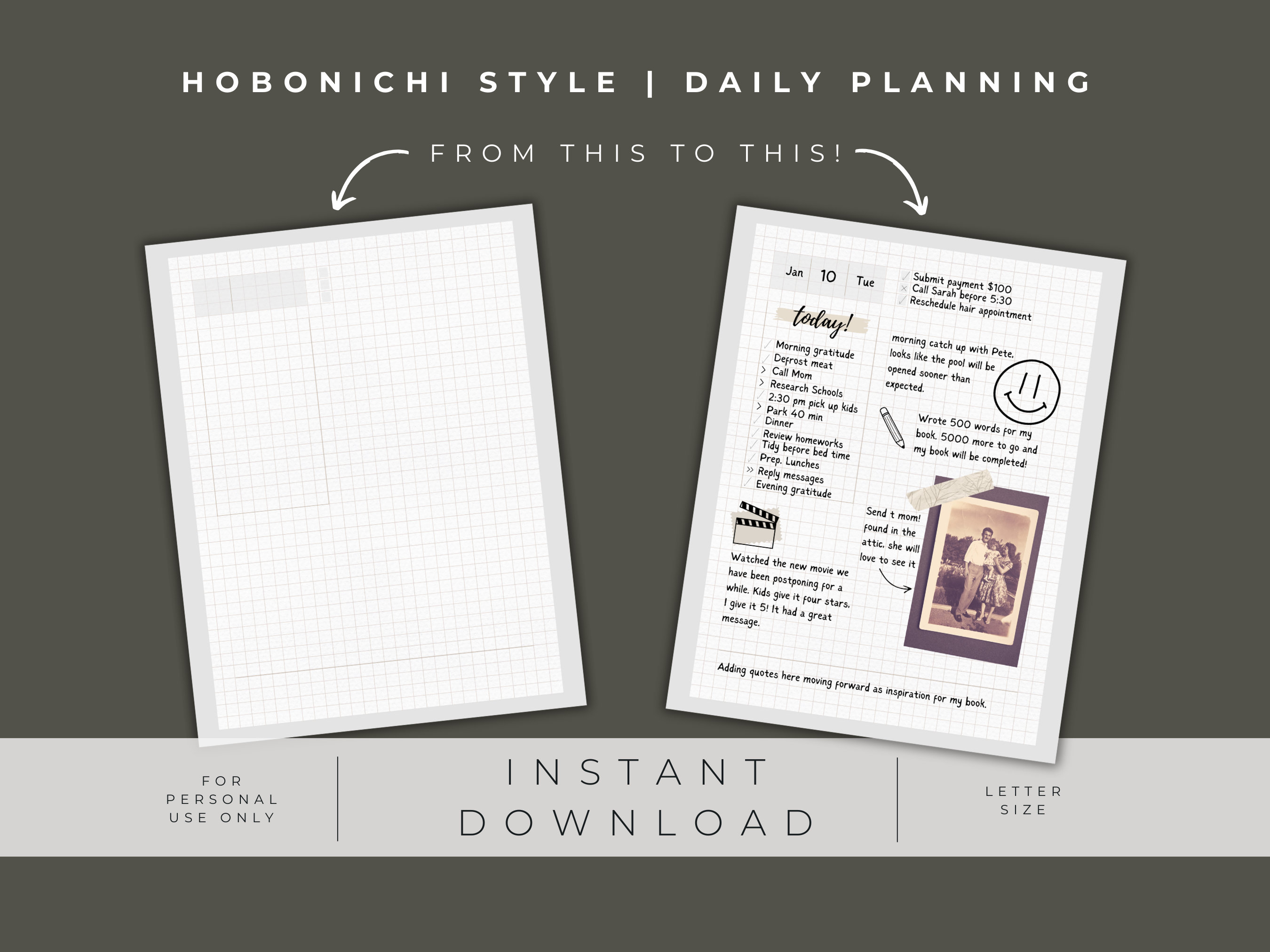 Daily Planning Page, Hobonichi Layout Style, Undated, Single Printable ...