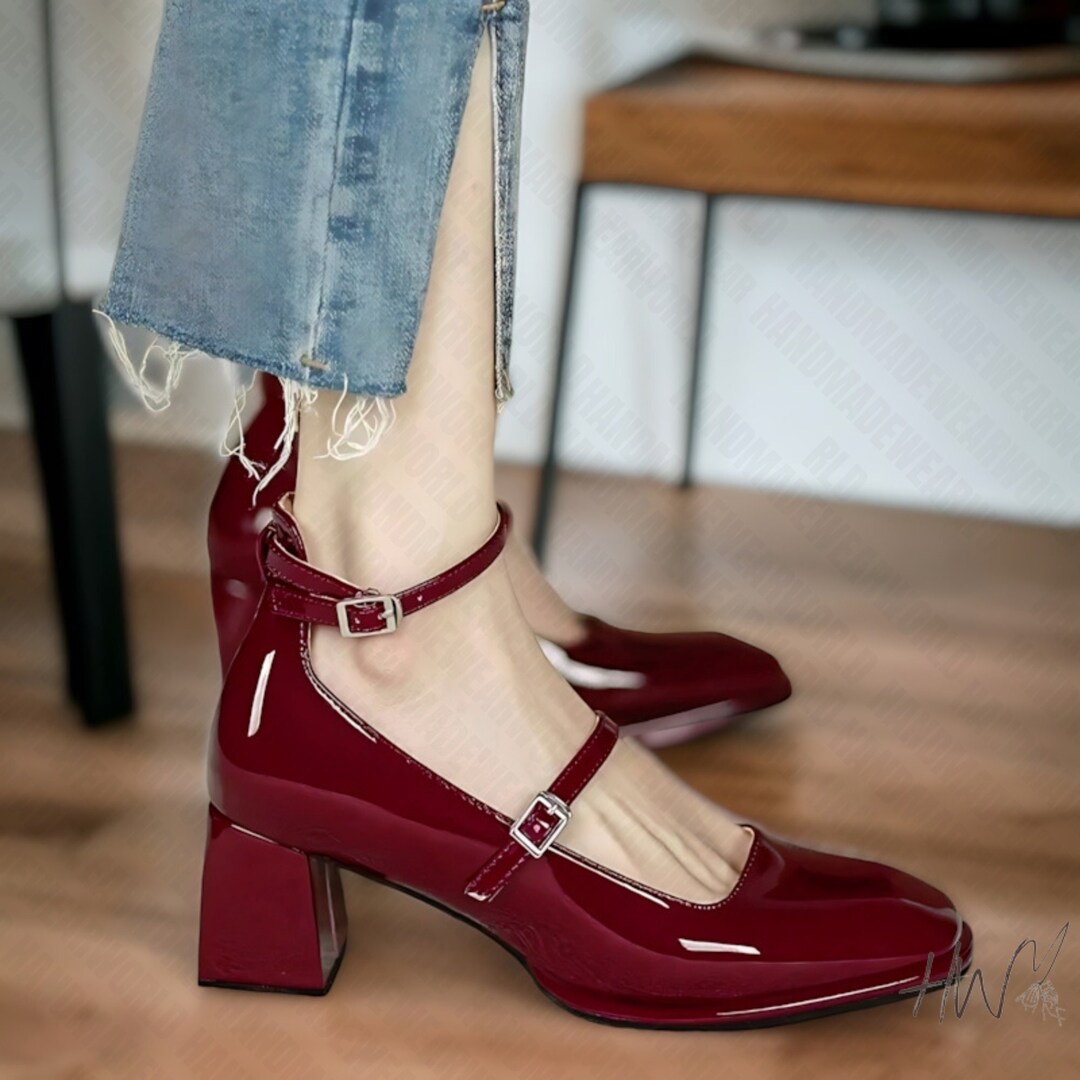 Women's Eco Leather Mary Jane Red Shoes, Mid Heel Chunky Pumps, Black ...