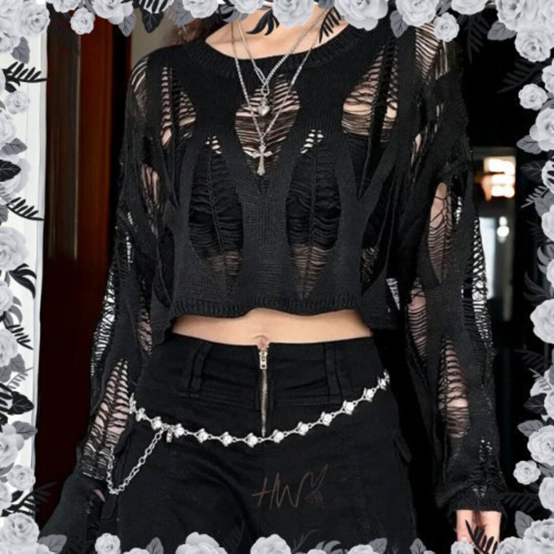 Chic Gothic Crop Top, Perforated Y2K Knitted Girl, Hollow Out Blouse ...