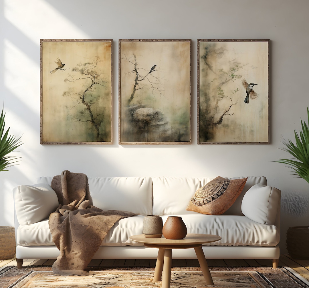 Japanese Wall Art Set of 3 Prints Japanese Art Prints Trees Birds Green ...