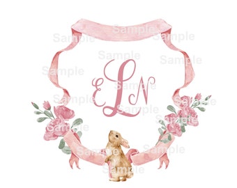 Instant Download Blue Watercolor Floral Bunny Monogram Crest - Etsy