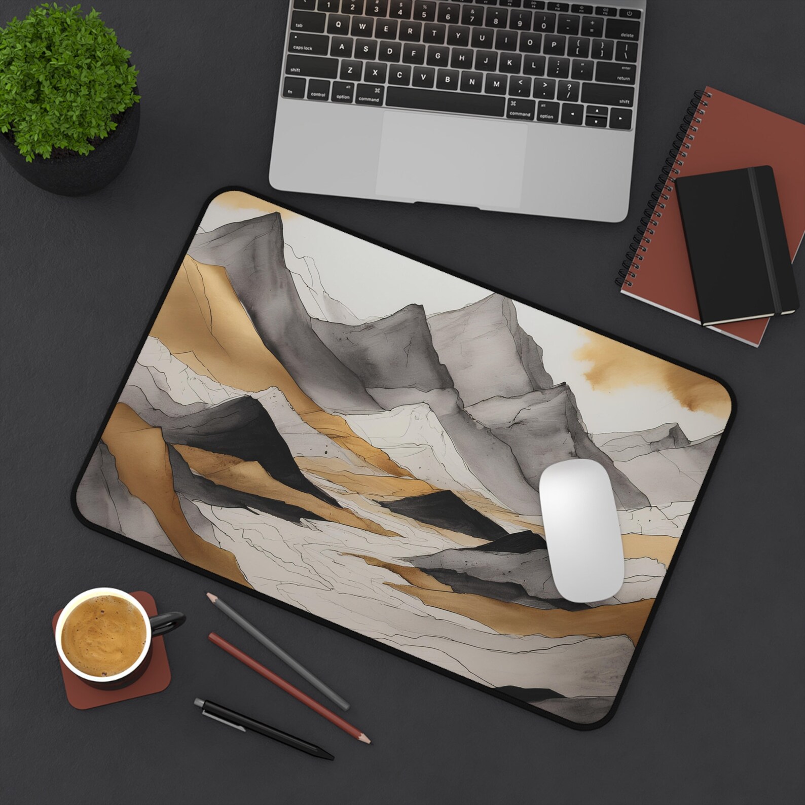 Line Drawing Pencil Sketch Mountains Desk Mat, Gold, Black, White Desk ...