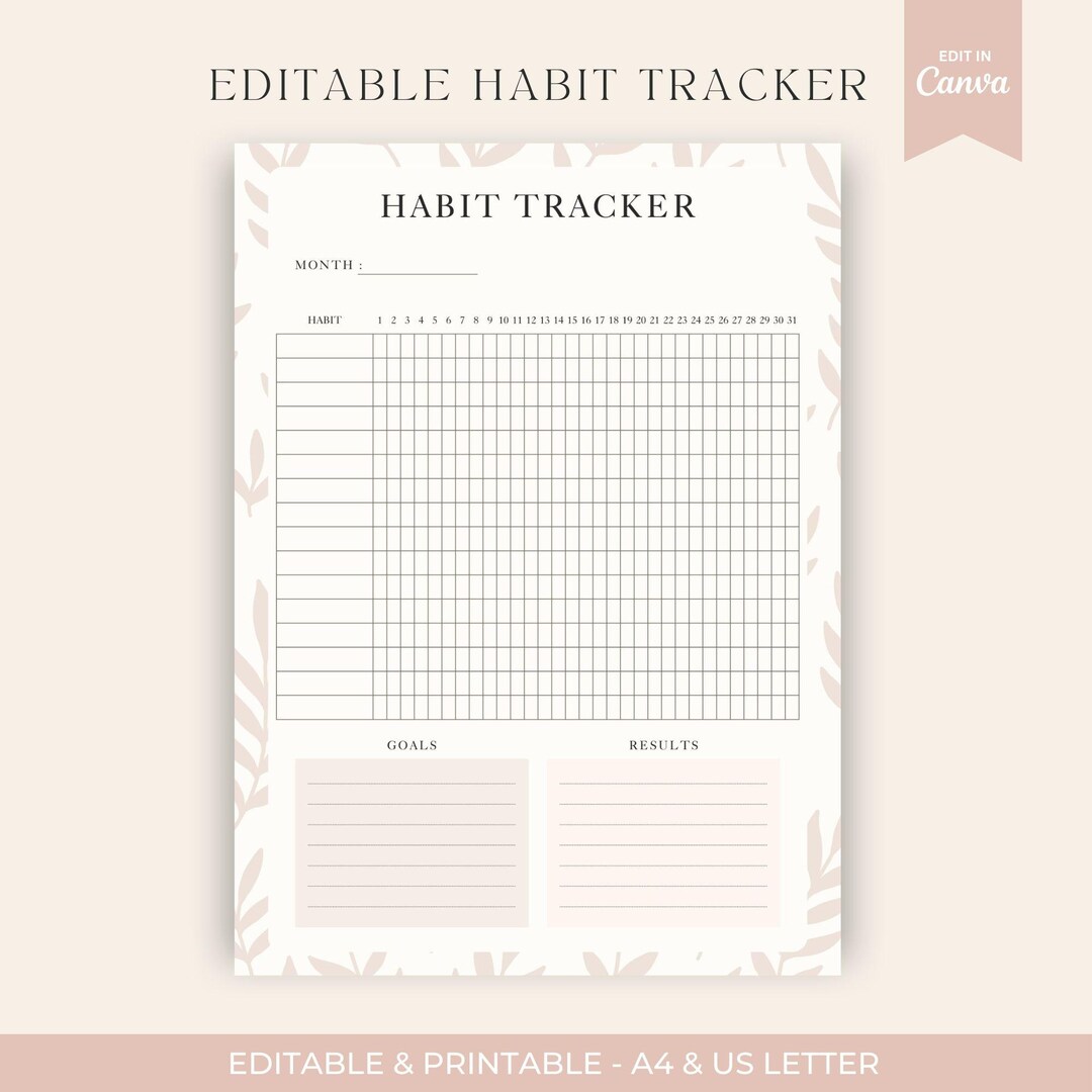 Editable Monthly Habit Tracker, Canva Template, Printable Goal Tracker ...